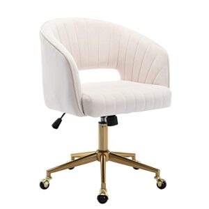 home office chair swivel velvet desk chair accent armchair upholstered modern tufted chairs with gold base for girls women ergonomic study seat computer task stools for living room(cream)