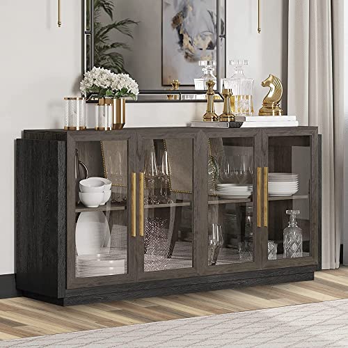 BELLEZE Sideboard Buffet Cabinet, Modern Wood Glass-Buffet-Sideboard with Storage, Console Table for Kitchen, Dinning Room, Living Room, Hallway, or Entrance - Brixston (Brown)