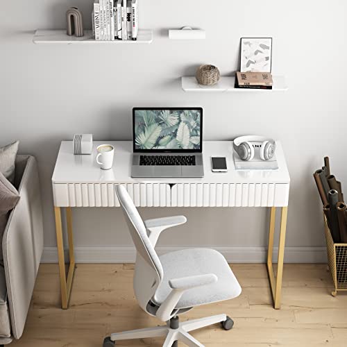 White Vanity Desk with 2 Drawers, Gold and White Desk,Home Office Desk Modern Makeup Vanity Table, Entryway Console Table, Sofa Table (Golden Legs)