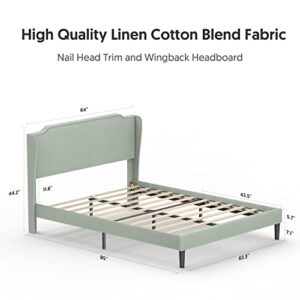 BONSOIR Queen Size Bed Frame Traditional Upholstered Low Profile Platform with Wing Back and Nail Trim Headboard/No Box Spring Needed/No Bed Skirt Needed/Soft Linen Fabric Upholstery/Light Green