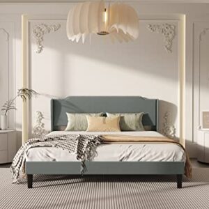 BONSOIR Queen Size Bed Frame Traditional Upholstered Low Profile Platform with Wing Back and Nail Trim Headboard/No Box Spring Needed/No Bed Skirt Needed/Soft Linen Fabric Upholstery/Light Green