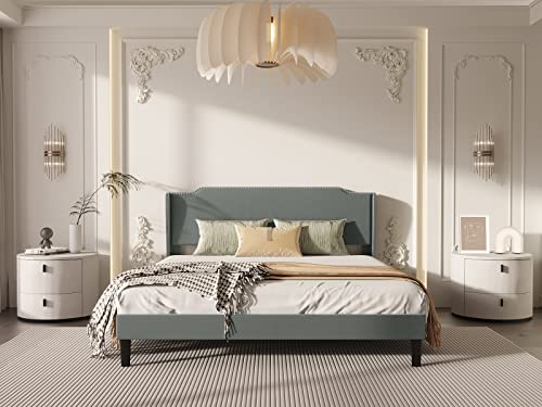 BONSOIR Queen Size Bed Frame Traditional Upholstered Low Profile Platform with Wing Back and Nail Trim Headboard/No Box Spring Needed/No Bed Skirt Needed/Soft Linen Fabric Upholstery/Light Green