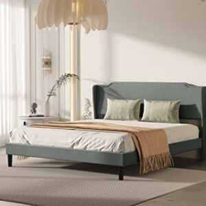 BONSOIR Queen Size Bed Frame Traditional Upholstered Low Profile Platform with Wing Back and Nail Trim Headboard/No Box Spring Needed/No Bed Skirt Needed/Soft Linen Fabric Upholstery/Light Green