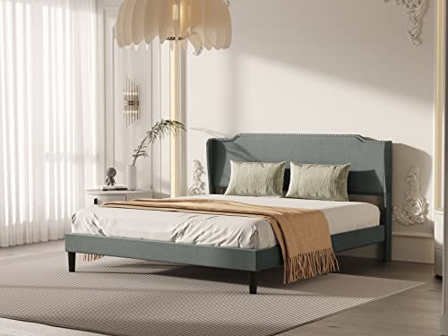 BONSOIR Queen Size Bed Frame Traditional Upholstered Low Profile Platform with Wing Back and Nail Trim Headboard/No Box Spring Needed/No Bed Skirt Needed/Soft Linen Fabric Upholstery/Light Green