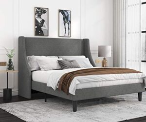 allewie full size bed frame, platform bed frame with upholstered headboard, modern deluxe wingback, wood slat support, mattress foundation, light grey