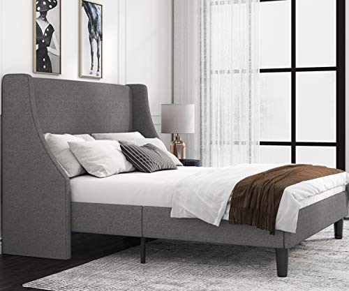 Allewie Full Size Bed Frame, Platform Bed Frame with Upholstered Headboard, Modern Deluxe Wingback, Wood Slat Support, Mattress Foundation, Light Grey