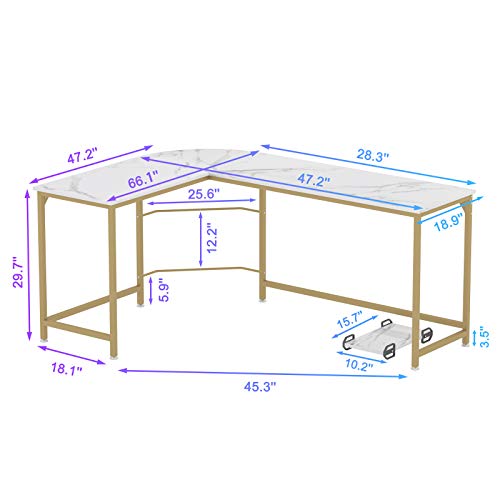 Teraves Reversible L-Shaped Desk Corner Gaming Computer Desk Office Workstation Modern Home Study Writing Wooden Table (Large, White Marbling+ Gold Frame)