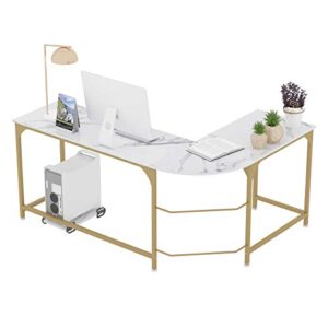 teraves reversible l-shaped desk corner gaming computer desk office workstation modern home study writing wooden table (large, white marbling+ gold frame)