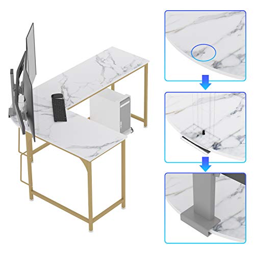 Teraves Reversible L-Shaped Desk Corner Gaming Computer Desk Office Workstation Modern Home Study Writing Wooden Table (Large, White Marbling+ Gold Frame)