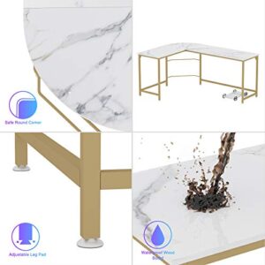 Teraves Reversible L-Shaped Desk Corner Gaming Computer Desk Office Workstation Modern Home Study Writing Wooden Table (Large, White Marbling+ Gold Frame)