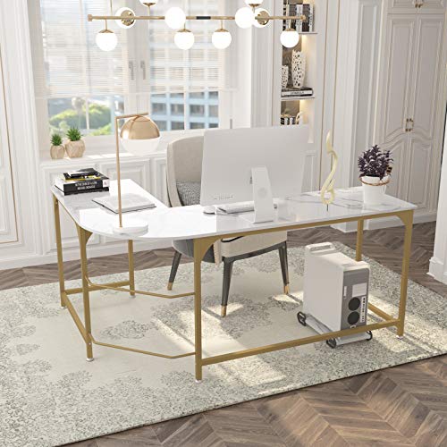 Teraves Reversible L-Shaped Desk Corner Gaming Computer Desk Office Workstation Modern Home Study Writing Wooden Table (Large, White Marbling+ Gold Frame)