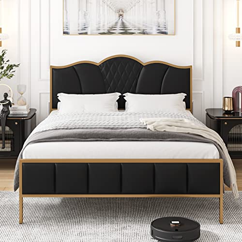 HITHOS Queen Size Bed Frame, Modern Upholstered PU Bed Frame with Tufted Headboard, Heavy Duty Platform Bed with Wood Slat Support, Noise Free, No Box Spring Needed (Black, Queen)