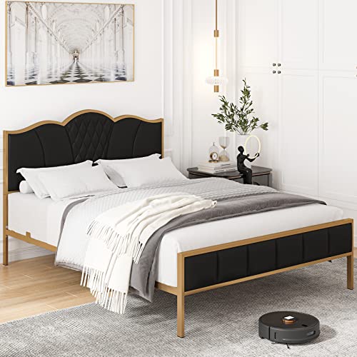 HITHOS Queen Size Bed Frame, Modern Upholstered PU Bed Frame with Tufted Headboard, Heavy Duty Platform Bed with Wood Slat Support, Noise Free, No Box Spring Needed (Black, Queen)