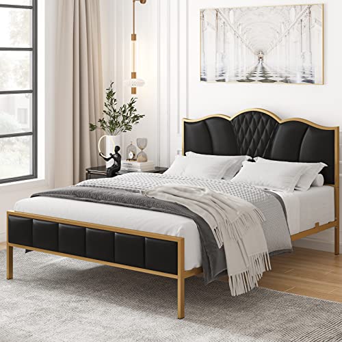 HITHOS Queen Size Bed Frame, Modern Upholstered PU Bed Frame with Tufted Headboard, Heavy Duty Platform Bed with Wood Slat Support, Noise Free, No Box Spring Needed (Black, Queen)