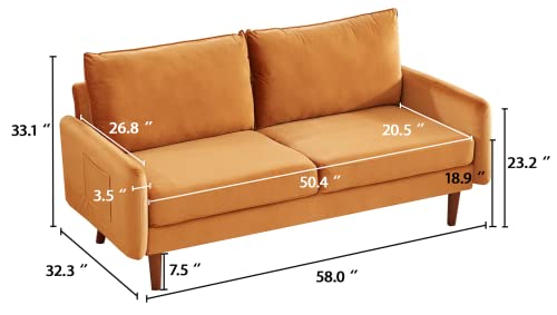 Dreamsir 58'' Mid Century Modern Sofa, Small Love Seats for Small Spaces, Velvet Couch with Two Storage Bags, Velvet Sofa for Living Room & Apartment (Loveseat, Ginger)