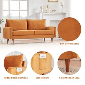 Dreamsir 58'' Mid Century Modern Sofa, Small Love Seats for Small Spaces, Velvet Couch with Two Storage Bags, Velvet Sofa for Living Room & Apartment (Loveseat, Ginger)