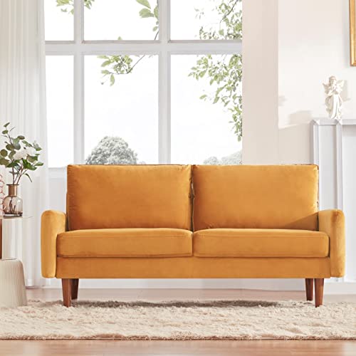 Dreamsir 58'' Mid Century Modern Sofa, Small Love Seats for Small Spaces, Velvet Couch with Two Storage Bags, Velvet Sofa for Living Room & Apartment (Loveseat, Ginger)