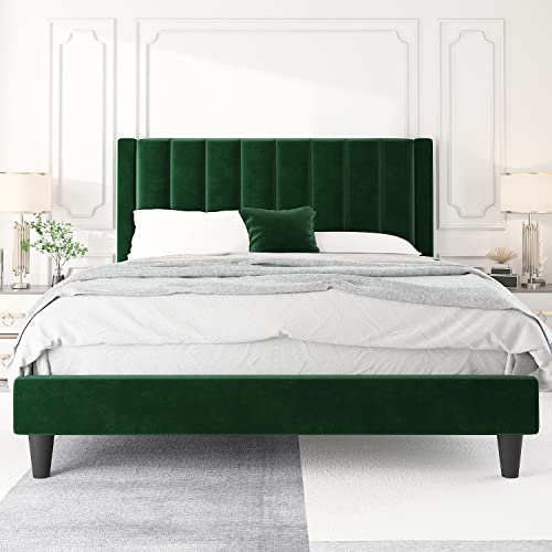 HOOMIC Queen Size Platform Bed Frame with Velvet Upholstered Plush Vertical Channel Headboard, No Box Spring Needed, Easy Assembly, Green