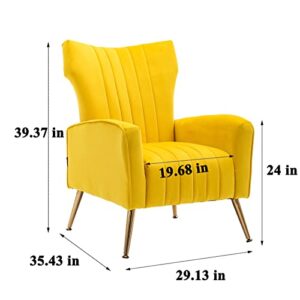 Artechworks Curved Tufted Accent Chair with Metal Gold Legs Velvet Upholstered Arm Club Leisure Modern Chair for Living Room Bedroom Patio, Yellow