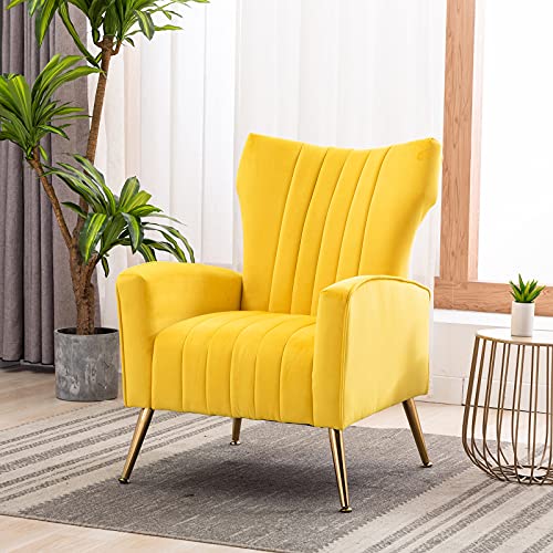 Artechworks Curved Tufted Accent Chair with Metal Gold Legs Velvet Upholstered Arm Club Leisure Modern Chair for Living Room Bedroom Patio, Yellow