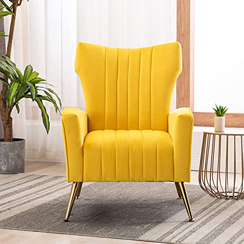 Artechworks Curved Tufted Accent Chair with Metal Gold Legs Velvet Upholstered Arm Club Leisure Modern Chair for Living Room Bedroom Patio, Yellow