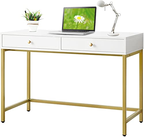 White-Vanity-Desk with 2 Drawers, White/Gold Home-Office-Desks Glossy Desktop Makeup-Vanity-Table Modern Writing Computer Standing Desk with Wood Top and Metal Frame for Home Office Bedroom Furniture