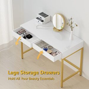 White-Vanity-Desk with 2 Drawers, White/Gold Home-Office-Desks Glossy Desktop Makeup-Vanity-Table Modern Writing Computer Standing Desk with Wood Top and Metal Frame for Home Office Bedroom Furniture