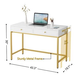 White-Vanity-Desk with 2 Drawers, White/Gold Home-Office-Desks Glossy Desktop Makeup-Vanity-Table Modern Writing Computer Standing Desk with Wood Top and Metal Frame for Home Office Bedroom Furniture