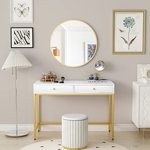 White-Vanity-Desk with 2 Drawers, White/Gold Home-Office-Desks Glossy Desktop Makeup-Vanity-Table Modern Writing Computer Standing Desk with Wood Top and Metal Frame for Home Office Bedroom Furniture