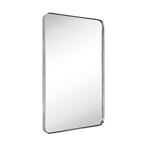 GRACTO 20x30 inch Brushed Nickel Stainless Steel Metal Framed Bathroom Mirror for Wall Mounted Rounded Rectangular Bathroom Vanity Mirror