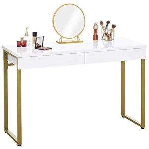 greenforest vanity desk with 2 drawers glossy white makeup table 47 inch modern home office computer desk dressing console table with metal gold legs for bedroom,without mirror