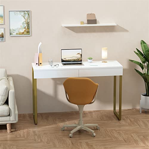 GreenForest Vanity Desk with 2 Drawers Glossy White Makeup Table 47 inch Modern Home Office Computer Desk Dressing Console Table with Metal Gold Legs for Bedroom,Without Mirror