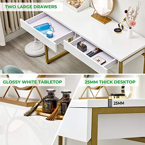 GreenForest Vanity Desk with 2 Drawers Glossy White Makeup Table 47 inch Modern Home Office Computer Desk Dressing Console Table with Metal Gold Legs for Bedroom,Without Mirror