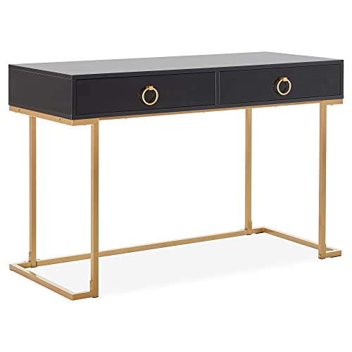 BELLEZE Modern 45 Inch Makeup Vanity Dressing Table or Home Office Computer Laptop Writing Desk with Two Storage Drawers, Wood Top, and Gold Metal Frame - Chelsea (Black)