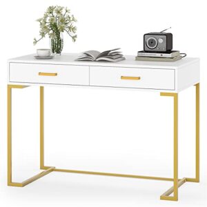 tribesigns computer desk with 2 drawers, 39.4” modern simple white and gold writing desk desk with storage drawers, makeup vanity console table study desk for home office