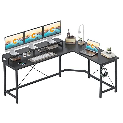 CubiCubi L Shaped Desk, 66.7" Computer Corner Desk, Home Office Study Writing Workstation with Large Monitor Stand, Space-Saving, Easy to Assemble, Black