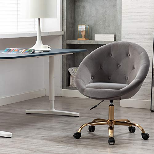 Duhome Modern Home Office Chair Desk Chair Task Computer Chair with Wheels Swivel Vanity Chair Makeup Chair Height Adjustable Chairs Velvet Button Tufted with Wheels and Gold Metal Base (Grey)