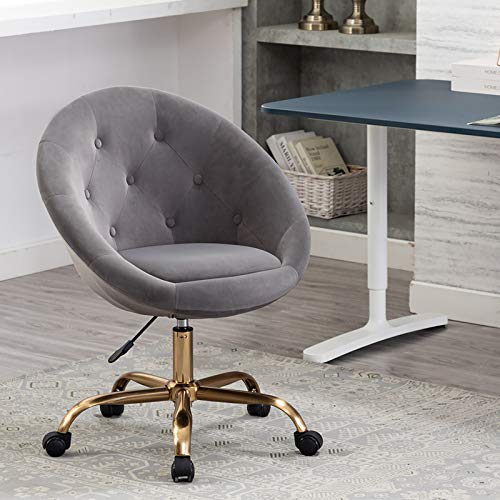 Duhome Modern Home Office Chair Desk Chair Task Computer Chair with Wheels Swivel Vanity Chair Makeup Chair Height Adjustable Chairs Velvet Button Tufted with Wheels and Gold Metal Base (Grey)