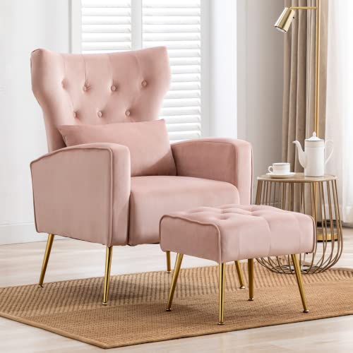 ZETZU Janoray Velvet Accent Chair Set with Button Tufted Ottoman for Living Room and Bedroom Comfy Reading Lounge Armchair with Modern Wingback and Gold Legs on Side Corner, Pink