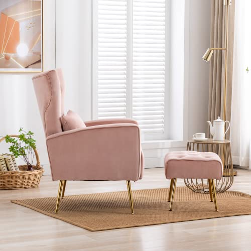 ZETZU Janoray Velvet Accent Chair Set with Button Tufted Ottoman for Living Room and Bedroom Comfy Reading Lounge Armchair with Modern Wingback and Gold Legs on Side Corner, Pink