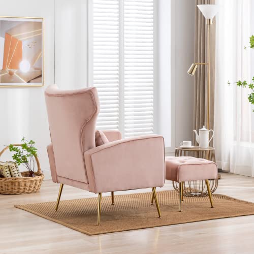 ZETZU Janoray Velvet Accent Chair Set with Button Tufted Ottoman for Living Room and Bedroom Comfy Reading Lounge Armchair with Modern Wingback and Gold Legs on Side Corner, Pink