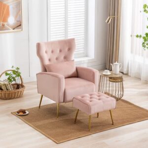 ZETZU Janoray Velvet Accent Chair Set with Button Tufted Ottoman for Living Room and Bedroom Comfy Reading Lounge Armchair with Modern Wingback and Gold Legs on Side Corner, Pink