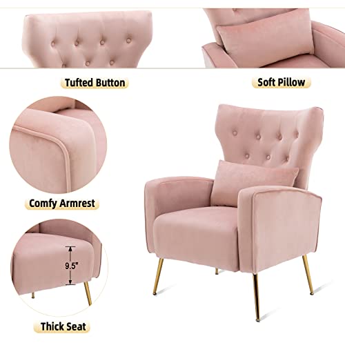 ZETZU Janoray Velvet Accent Chair Set with Button Tufted Ottoman for Living Room and Bedroom Comfy Reading Lounge Armchair with Modern Wingback and Gold Legs on Side Corner, Pink