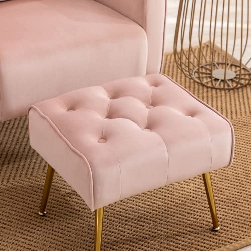 ZETZU Janoray Velvet Accent Chair Set with Button Tufted Ottoman for Living Room and Bedroom Comfy Reading Lounge Armchair with Modern Wingback and Gold Legs on Side Corner, Pink