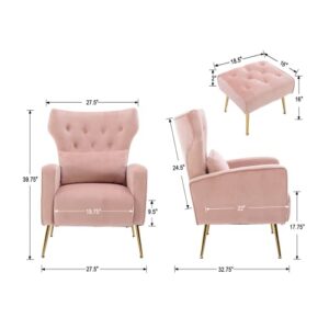 ZETZU Janoray Velvet Accent Chair Set with Button Tufted Ottoman for Living Room and Bedroom Comfy Reading Lounge Armchair with Modern Wingback and Gold Legs on Side Corner, Pink