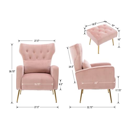 ZETZU Janoray Velvet Accent Chair Set with Button Tufted Ottoman for Living Room and Bedroom Comfy Reading Lounge Armchair with Modern Wingback and Gold Legs on Side Corner, Pink