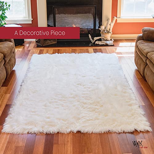 Silky Soft Faux Fur Rug, 5 ft. x 7 ft. White Fluffy Rug, Made in France, Sheepskin Area Rug, Rectangle Rug for Living Room, Bedroom, Kid's Room, or Nursery, Home Décor Accent with Non-Slip Backing