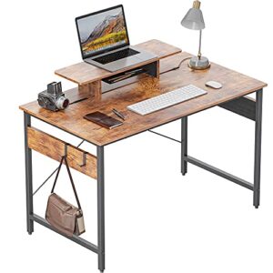 CubiCubi Small Computer Desk 40" Home Office Desk with Storage Table, Modern Writing Style PC Table with Mobile Phone Bracket and Hooks, Rustic Brown