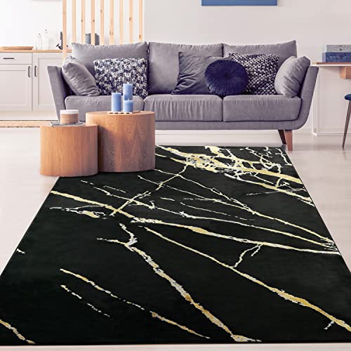 Antep Rugs Babil Gold 4x6 Marble Abstract Modern Indoor Area Rug (Black, 3'11" x 5'11")