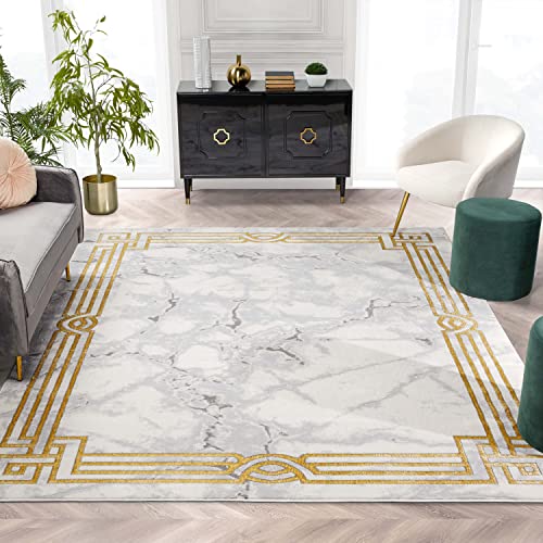 Well Woven Lezlee Ivory & Gold Retro Border Marble Pattern Area Rug (5'3" x 7'3")